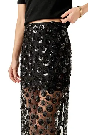 English Factory Flower Sequin Maxi Skirt - Black