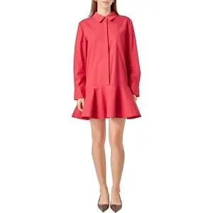 English Factory Ruffle Hem Mini Shirtdress - Red