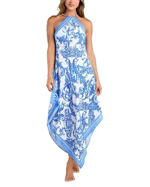 L'Agence Elise Baroque Halter Dress Swim Cover-up - Blue