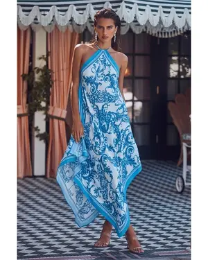 L'Agence Elise Baroque Halter Dress Swim Cover-up - Blue