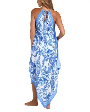 L'Agence Elise Baroque Halter Dress Swim Cover-up - Blue