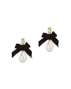 Ted Baker London Riyya Ribbon Bow Imitation Pearl Huggie Drop Earrings - Gold Tone/pearl
