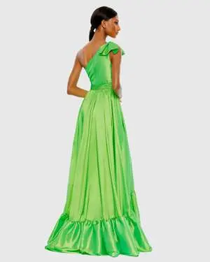 Mac Duggal Bow One-shoulder Ruffle Gown
