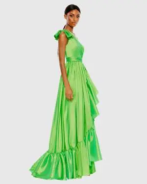 Mac Duggal Bow One-shoulder Ruffle Gown