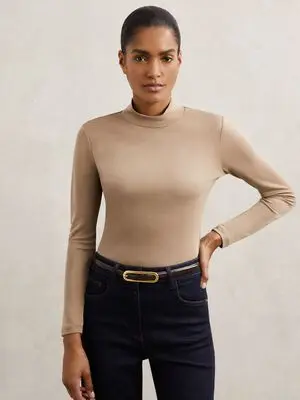 REISS Molly Lyocell-blend Funnel-neck Top - Camel