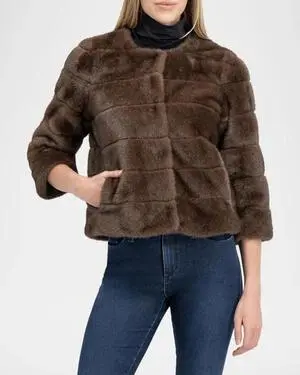 LYLA GRANT Faux Mink Quilted Short Coat - Brown