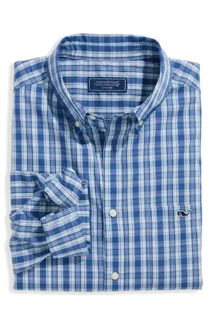 Vineyard Vines Wavecrest Plaid Stretch Cotton Poplin Button-down Shirt - Moonshine