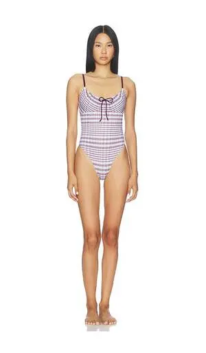 Good American Plaid Drawstring One Piece Swimsuit - Fig
