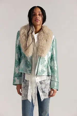 Free People Jacquard Jacket With Faux Fur Collar - Mermaid