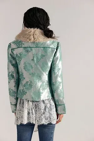 Free People Jacquard Jacket With Faux Fur Collar - Mermaid