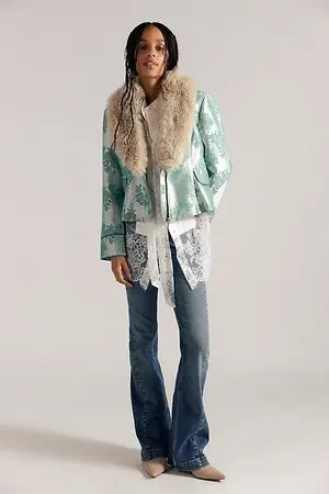 Free People Jacquard Jacket With Faux Fur Collar - Mermaid