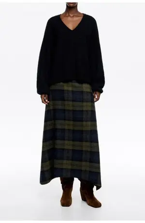 Bimba Y Lola Checked Wool A-line Midi Skirt
