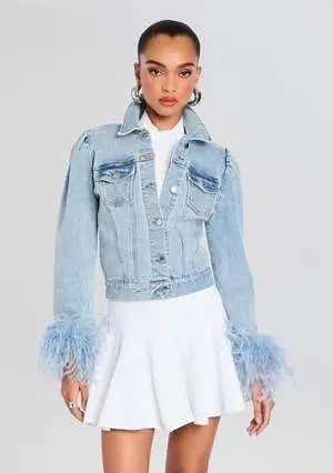 Retrofete Libby Denim Jacket With Feather Trim