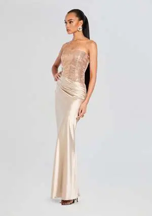 Retrofete Alexandra Embellished Strapless Dress - Latte