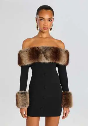 princess polly baby blue dress Magda Butrym Draped Faux Fur-trimmed Mesh Mini Dress Black Magda Butrym main image 0