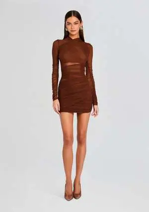 Brown Ruched Mesh Dresses