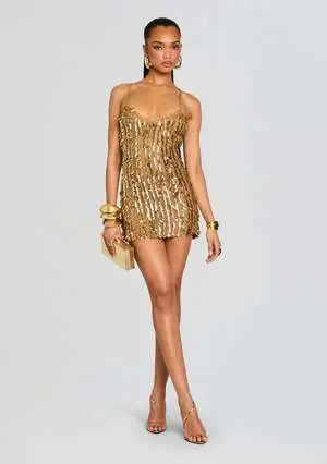 Retrofete Saros Feather Sequin Crochet Mini Dress - Gold