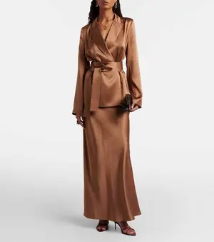 JOSEPH Archer Double-breasted Silk Satin Blazer - Brown