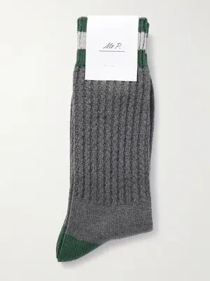 Mr P. Striped Ribbed Cotton-blend Socks - Gray