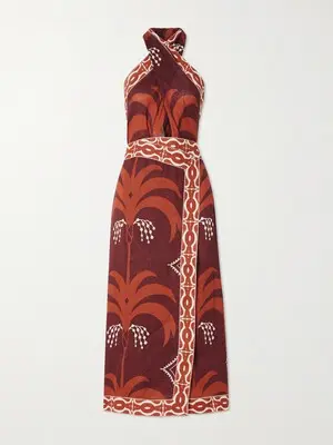 Johanna Ortiz Cutout Printed Linen Halterneck Maxi Dress - Red