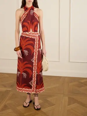 Johanna Ortiz Cutout Printed Linen Halterneck Maxi Dress - Red