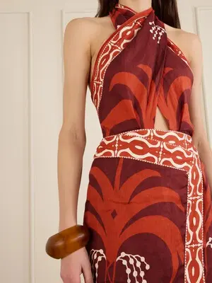 Johanna Ortiz Cutout Printed Linen Halterneck Maxi Dress - Red