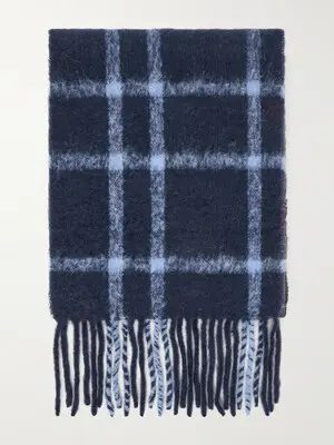 THE ELDER STATESMAN Fringed Checked Alpaca-blend Scarf - Blue