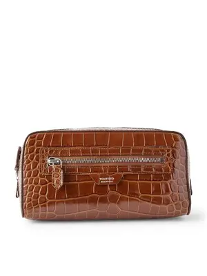 TOM FORD Croc-effect Leather Wash Bag - Brown