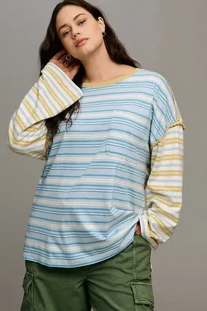PILCRO Long-sleeve Boyfriend Tee - Blue/green Mixed Stripe