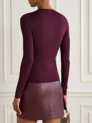 Chloé Silk-trimmed Ribbed Wool Sweater - Burgundy