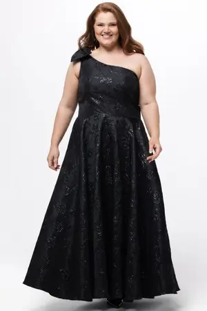 SYDNEY'S CLOSET One Shoulder Brocade Gown With Bow - Black/black