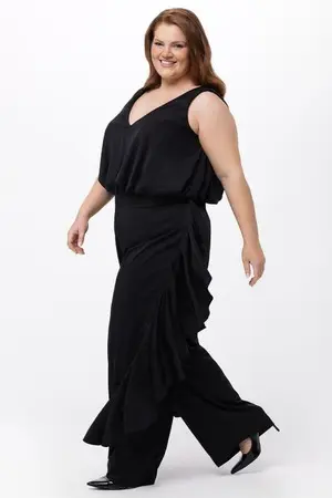 SYDNEY'S CLOSET V-neck Stretch Satin Jumpsuit With Ruffles - Black