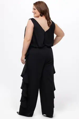 SYDNEY'S CLOSET V-neck Stretch Satin Jumpsuit With Ruffles - Black