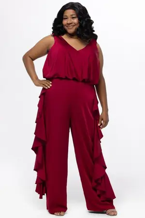 SYDNEY'S CLOSET V-Neck Stretch Satin Jumpsuit With Ruffles Cherry