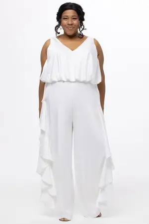 SYDNEY'S CLOSET V-Neck Stretch Satin Jumpsuit With Ruffles Ivory