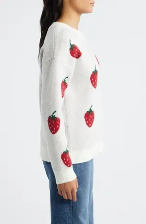 Bobeau Strawberry Jacquard Crewneck Sweater