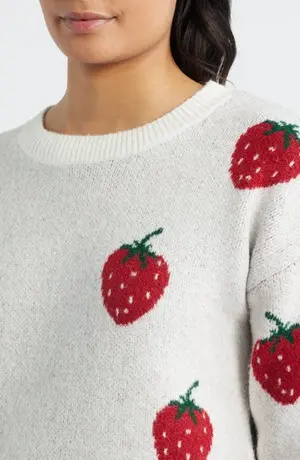 Bobeau Strawberry Jacquard Crewneck Sweater