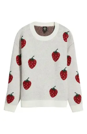 Bobeau Strawberry Jacquard Crewneck Sweater