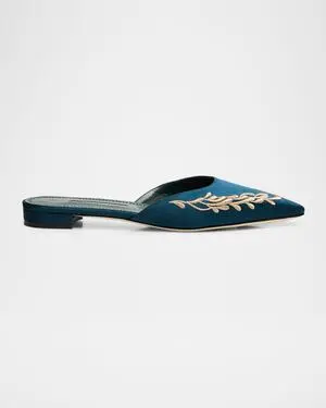 Manolo Blahnik 10mm Fontaza Embroidered Satin Flat Mules