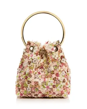 JIMMY CHOO Bon Bon Floral Embroidered Mesh Bucket Bag - Rose Multi