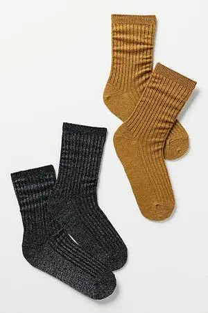 Anthropologie Ribbed Lurex Trouser Socks Set - Black/bronze