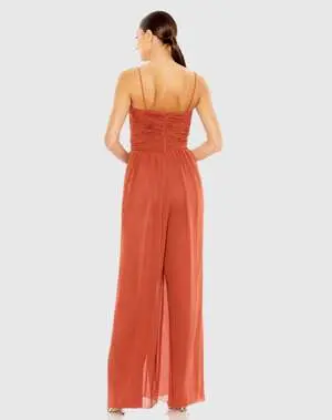 Mac Duggal Chiffon Sleeveless Jumpsuit With Ruched Bodice - Orange