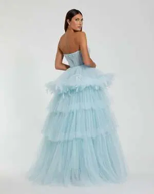 Mac Duggal Strapless Tulle Ballgown With Feather Trim
