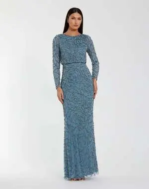 Mac Duggal Long Sleeve Beaded Blouson Gown - Blue