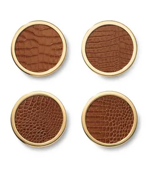 Aerin Set Of 4 Leather Classic Coasters - Brown
