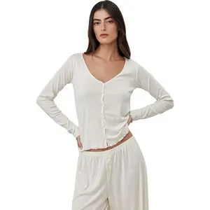 GOTTEX BEACH LIFE Daydream Pointelle Buttoned Loungewear Top - Cream