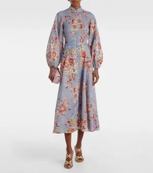 Zimmermann Awaken Floral Linen Midi Dress - Blue
