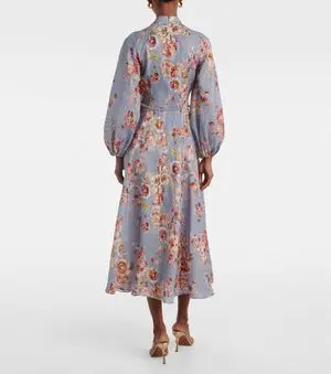 Zimmermann Awaken Floral Linen Midi Dress - Blue