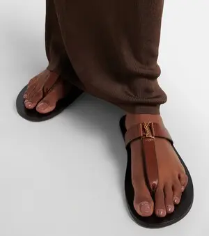 Saint Laurent Cassandre Leather Thong Sandals - Brown