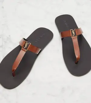 Saint Laurent Cassandre Leather Thong Sandals - Brown